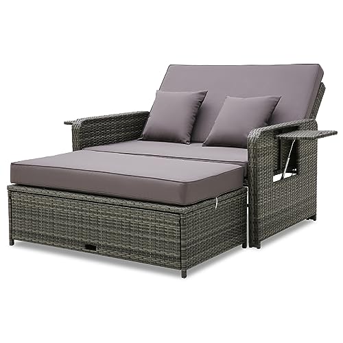 Tangkula Patio Rattan Daybed Set, Wicker Loveseat Sofa w/Multipurpose Ottoman & Retractable Side Tray, 4-Level Adjustable Backrest, Footstool w/Storage, Seat & Back Cushion Included (Gray)
