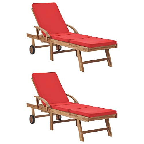 Sun Loungers with Cushions 2 pcs Solid Teak Wood Red Folding Sun Lounger.Foldable Chaise Lounge.Adjustable Outside Patio Sunlounger.Outdoor Wooden Garden Lounge Chair