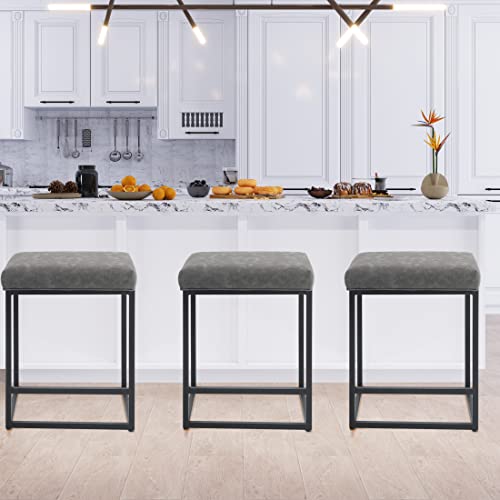 ALPHA HOME 24" Conter Stools Bar Stools Set of 3 with Footrest Pu Leather Backless Kitchen Island Chair with Thick Cushion & Sturdy Chromed Metal Steel Frame Base,Grey,3pcs.A36