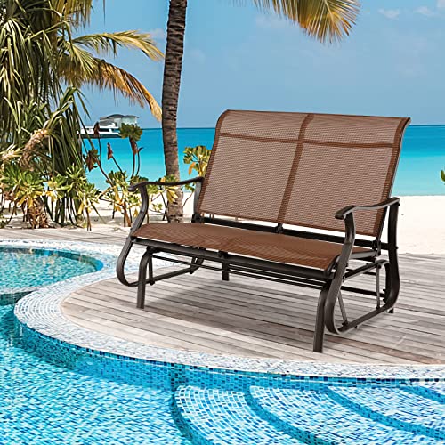 Tangkula Patio Glider Bench, 2-Person Outdoor Rocking Bench with High Back & Curved Armrests, Swing Glider Loveseat with Spacious Seat for Backyard, Balcony, Poolside, Porch (Brown)