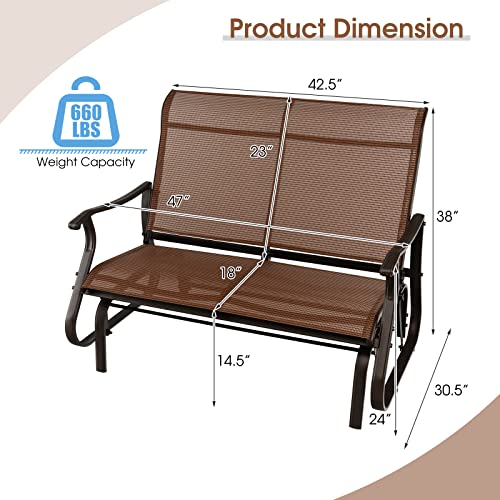 Tangkula Patio Glider Bench, 2-Person Outdoor Rocking Bench with High Back & Curved Armrests, Swing Glider Loveseat with Spacious Seat for Backyard, Balcony, Poolside, Porch (Brown)