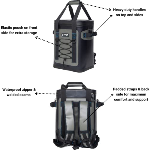 RTIC Backpack Cooler 20 Can, Insulated Portable Soft Cooler Bag Waterproof for Ice, Lunch, Beach, Drink, Beverage, Travel, Camping, Picnic, Car, Hiking, Blue/Grey