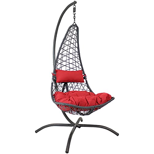 Sunnydaze Phoebe Hanging Lounge Chair with Stand and Seat Cushions - Resin Wicker Outdoor Basket Swing Chair with Steel Frame for Patio, Porch, Balcony, Backyard and Garden - 79-Inch - Red