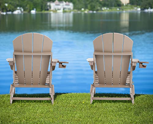 ABCPATIO Folding Adirondack Chair with Detachable Ottoman Outdoor Weather Resistant Patio Lawn Chair with Cup Holder, Seat Width 20", Light Brown