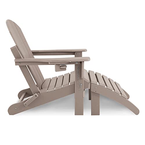 ABCPATIO Folding Adirondack Chair with Detachable Ottoman Outdoor Weather Resistant Patio Lawn Chair with Cup Holder, Seat Width 20", Light Brown