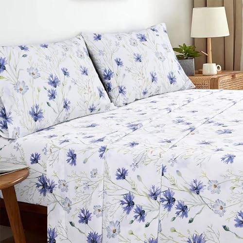 EnvioHome Full Bed Sheet Set, 4-Piece Natural 100% Cotton Full Size Sheets, Ultra Soft Light Breathable Luxury Percale Weave Floral Bed Sheets Full Size,16" Deep Pocket Sheets Full Size Bed, Lavender