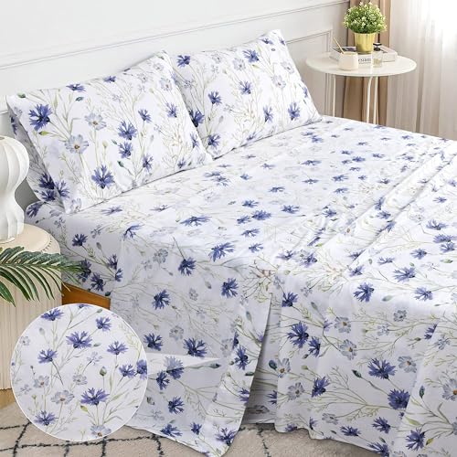 EnvioHome Full Bed Sheet Set, 4-Piece Natural 100% Cotton Full Size Sheets, Ultra Soft Light Breathable Luxury Percale Weave Floral Bed Sheets Full Size,16" Deep Pocket Sheets Full Size Bed, Lavender