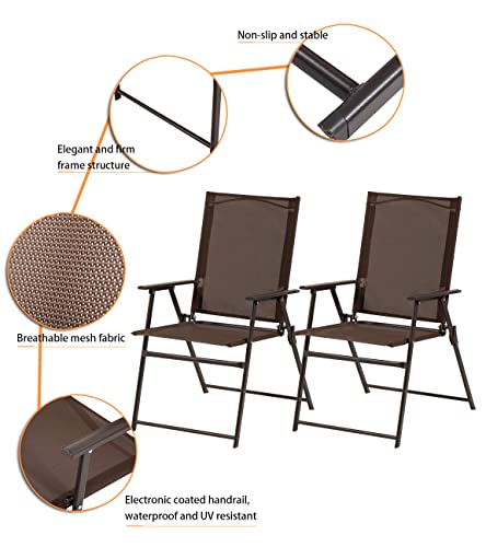 Bigroof Patio Dining Chairs Set of 2, Outdoor Portable Folding Chairs, 2-Pack Patio Chairs, Lawn Chair with Armrest and Metal Frame, Suitable for Camping Pool Beach Deck (2, Brown)