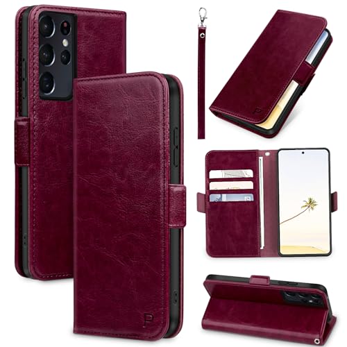 Bizzib for Samsung Galaxy S21 Ultra Case Leather Wallet with Card Holder[ RFID Blocking] 360 Full Shockproof Protection Magnetic Closure Phone Cover & Wrist Strap for Galaxy S21 Ultra 6.8-Burgundy