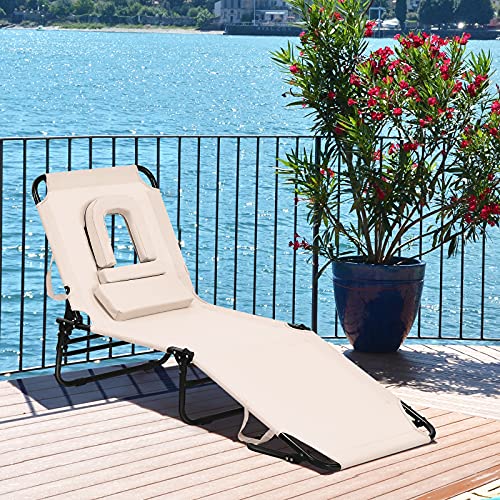 Goplus Folding Lounge Chair for Beach Poolside Balcony Patio, Portable Recliner w/Tanning Face Down Hole and Pillow (1, Beige)