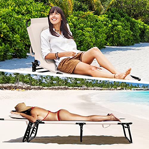 Goplus Folding Lounge Chair for Beach Poolside Balcony Patio, Portable Recliner w/Tanning Face Down Hole and Pillow (1, Beige)