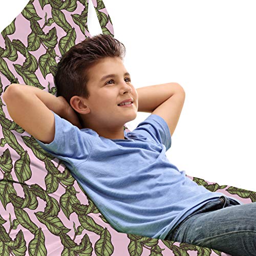 Ambesonne Nature Art Lounger Chair Bag, Hand Drawn Falling Green Leaves Pattern in Sketchy Style on Pink Background, High Capacity Storage with Handle Container, Lounger Size, Multicolor
