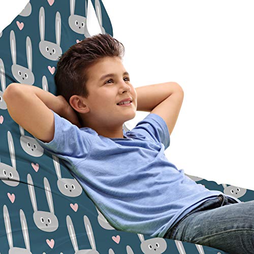 Ambesonne Childish Lounger Chair Bag, Funny Rabbit Faces and Hearts Girly Easter Bunnies Grumpy Joyful, High Capacity Storage with Handle Container, Lounger Size, Dark Teal Pale Grey and Rose