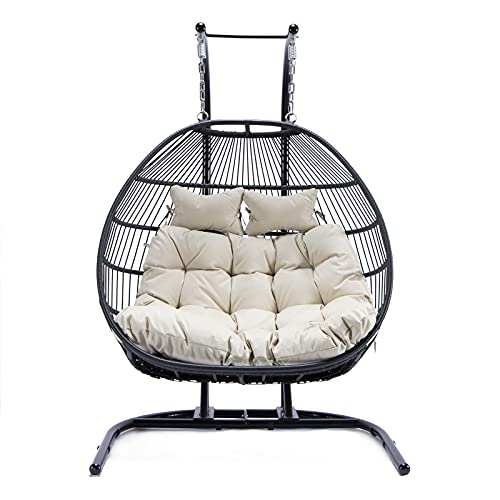 LeisureMod Wicker 2 Person Double Folding Hanging Egg Swing Chair (Beige)