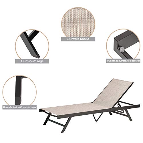 Crestlive Products Aluminum Adjustable Chaise Lounge Chair Outdoor Five-Position Recliner, Curved Design, All Weather for Patio, Beach, Yard, Pool (2PCS Beige)
