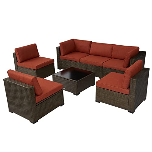 7 Pieces Outdoor Patio Sectional Sofa Set,Brown Wicker Furniture Set, Washable Seat Cushions with Zippers and Tempered Glass Table, Maple Red Cushion