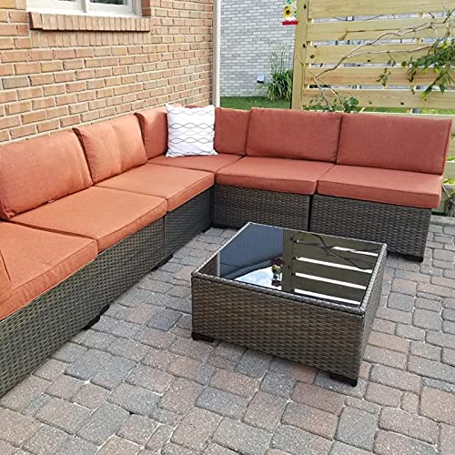 7 Pieces Outdoor Patio Sectional Sofa Set,Brown Wicker Furniture Set, Washable Seat Cushions with Zippers and Tempered Glass Table, Maple Red Cushion