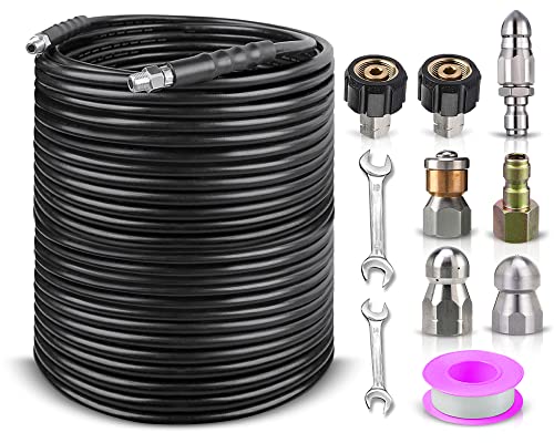 Sewer Jetter kit for Pressure Washer, 150 feet Hose, 1/4 Inch Drain Cleaning Hose,Button Nose & Rotating Sewer Jetting Nozzle,Sewer Jet kit for Pressure Washer,Jetter Hose, 4.5, 5.5, 4000 PSI (Black)