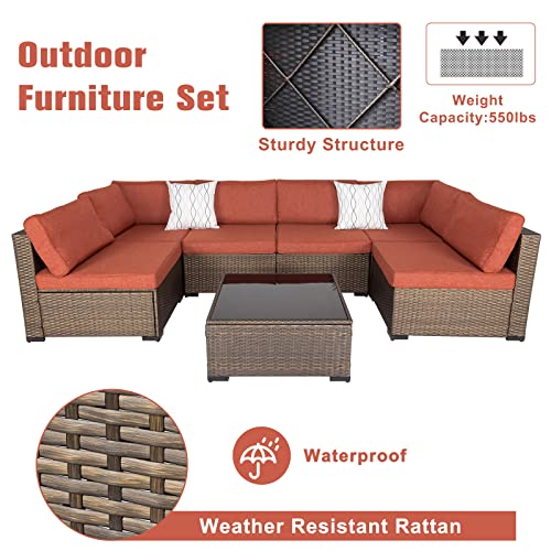 7 Pieces Outdoor Patio Sectional Sofa Set,Brown Wicker Furniture Set, Washable Seat Cushions with Zippers and Tempered Glass Table, Maple Red Cushion