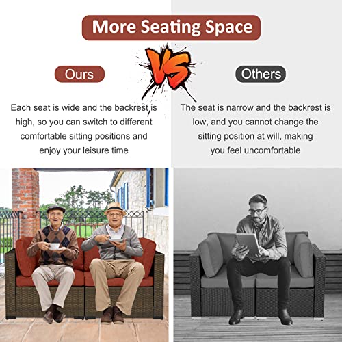 7 Pieces Outdoor Patio Sectional Sofa Set,Brown Wicker Furniture Set, Washable Seat Cushions with Zippers and Tempered Glass Table, Maple Red Cushion