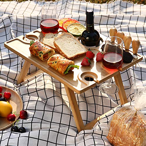 Ollieroo Portable Picnic Table for Wine and Glass, Outdoor Wooden Foldable Champagne Picnic Table, Bamboo Snack & Cheese Tray for Indoor/Outdoor