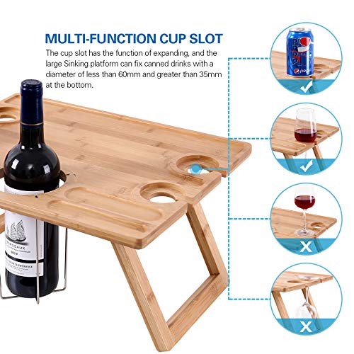 Ollieroo Portable Picnic Table for Wine and Glass, Outdoor Wooden Foldable Champagne Picnic Table, Bamboo Snack & Cheese Tray for Indoor/Outdoor