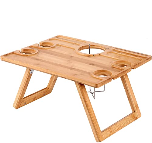 Ollieroo Portable Picnic Table for Wine and Glass, Outdoor Wooden Foldable Champagne Picnic Table, Bamboo Snack & Cheese Tray for Indoor/Outdoor