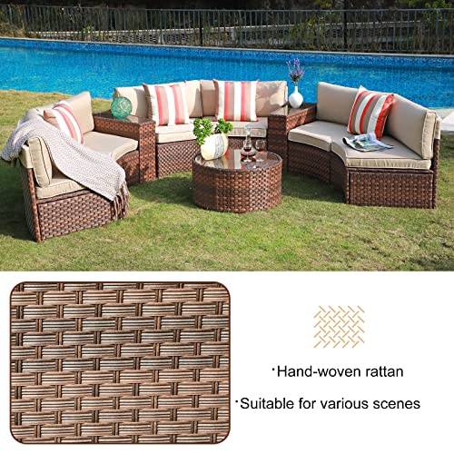 SUNSITT Outdoor Patio 9-Piece Half Moon Curved Furniture Sofa Set Brown Wicker Sectional Sofa Beige Cushions with 2 Side Table and 4 Pillows