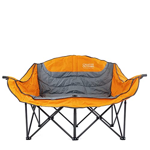 Creative Outdoor Distributor Luxury Camp Chair, Steel Frame & Polyester Fabrics, Folds Compact, Storage Bag Included (Wine Holder + 2 Person, Orange)