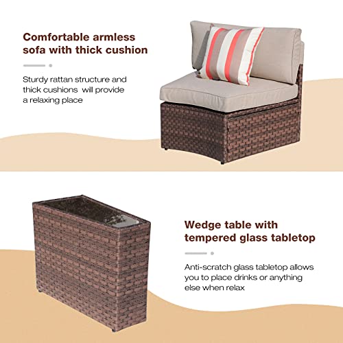 SUNSITT Outdoor Patio 9-Piece Half Moon Curved Furniture Sofa Set Brown Wicker Sectional Sofa Beige Cushions with 2 Side Table and 4 Pillows