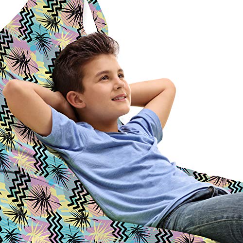 Ambesonne Summer Lounger Chair Bag, Retro Memphis Style Pop Art Zigzags Tropical Leaves Design Modern Art, High Capacity Storage with Handle Container, Lounger Size, Charcoal Grey Multicolor