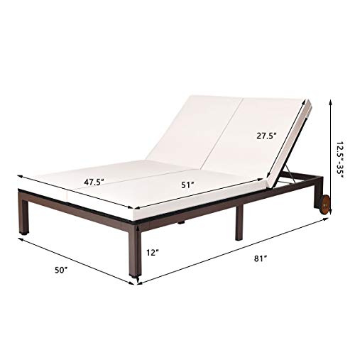 HAPPYGRILL 2-Person Patio Lounge Chair Rattan Wicker Chaise Lounge with Adjustable Backrest, Outdoor Loveseat Sofa Daybed with Wheels & Cushion for Garden Lawn Backyard