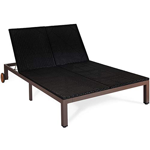 HAPPYGRILL 2-Person Patio Lounge Chair Rattan Wicker Chaise Lounge with Adjustable Backrest, Outdoor Loveseat Sofa Daybed with Wheels & Cushion for Garden Lawn Backyard