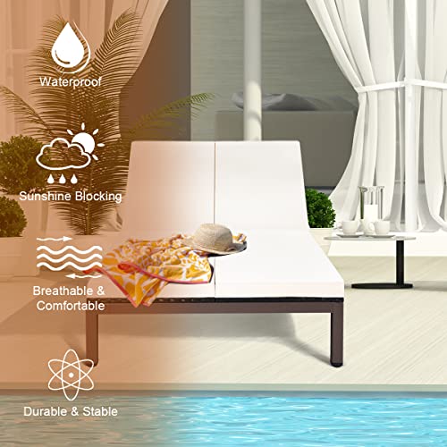 HAPPYGRILL 2-Person Patio Lounge Chair Rattan Wicker Chaise Lounge with Adjustable Backrest, Outdoor Loveseat Sofa Daybed with Wheels & Cushion for Garden Lawn Backyard