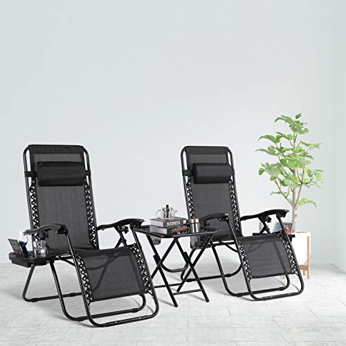 OKVAC Zero Gravity Chair Set of 2 with Side Table, Adjustable Foldable Patio Lounge Recliner w/Pillow&Cup Holder, for in/Outdoor, Poolside, Garden, Camping, Lawn, Yard, Beach, 310LBS Capacity