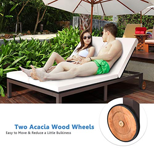 HAPPYGRILL 2-Person Patio Lounge Chair Rattan Wicker Chaise Lounge with Adjustable Backrest, Outdoor Loveseat Sofa Daybed with Wheels & Cushion for Garden Lawn Backyard