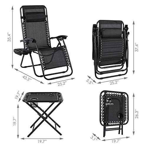 OKVAC Zero Gravity Chair Set of 2 with Side Table, Adjustable Foldable Patio Lounge Recliner w/Pillow&Cup Holder, for in/Outdoor, Poolside, Garden, Camping, Lawn, Yard, Beach, 310LBS Capacity