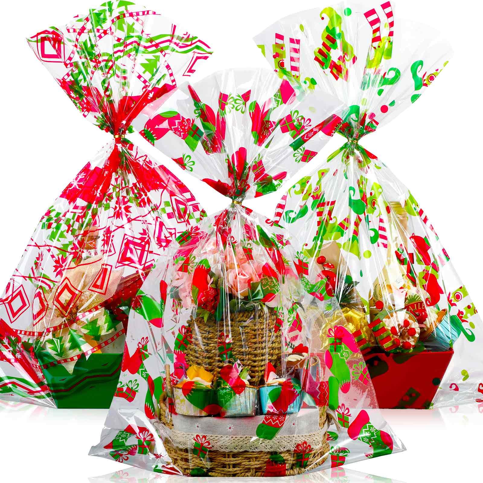 Cholemy 30 Pcs Christmas Large Cellophane Gift Basket Bags 19.7" x 27.6" Xmas Gift Bags Bulk Jumbo Holiday Plastic Gift Wrap Bags with 100 Twist Ties Snowflake Xmas Tree Goody Bags Xmas Party Supply