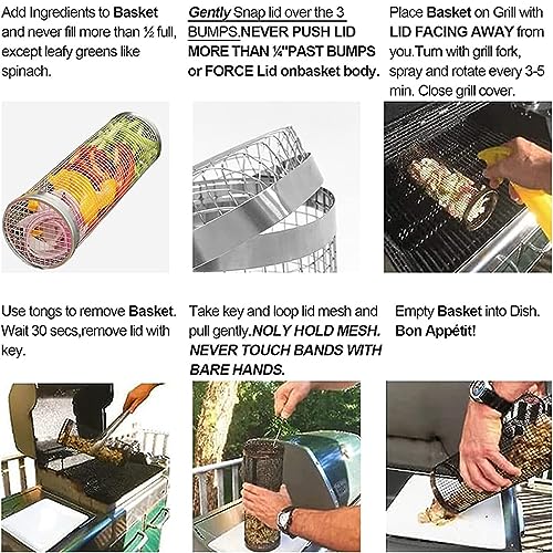 Rolling Grilling Basket-Grill Basket 2 PCS-BBQ Grill Basket, Stainless Steel Grill Mesh Barbeque Grill Accessories, Portable Grill Baskets for Outdoor Grill for Fish, Shrimp, Meat, Vegetables, Fries (3.54 x 3.54 x 11.8 inch)