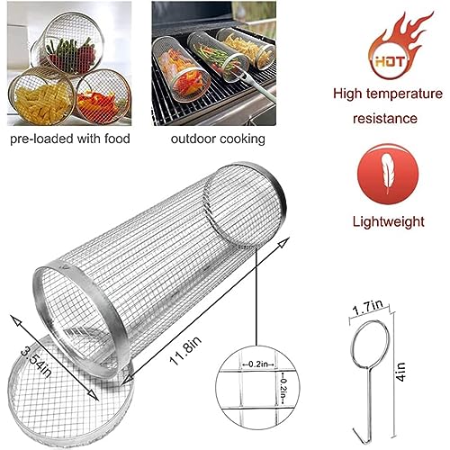 Rolling Grilling Basket-Grill Basket 2 PCS-BBQ Grill Basket, Stainless Steel Grill Mesh Barbeque Grill Accessories, Portable Grill Baskets for Outdoor Grill for Fish, Shrimp, Meat, Vegetables, Fries (3.54 x 3.54 x 11.8 inch)