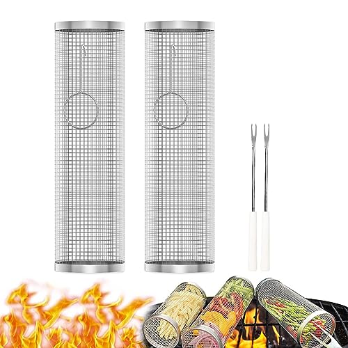 Rolling Grilling Basket-Grill Basket 2 PCS-BBQ Grill Basket, Stainless Steel Grill Mesh Barbeque Grill Accessories, Portable Grill Baskets for Outdoor Grill for Fish, Shrimp, Meat, Vegetables, Fries (3.54 x 3.54 x 11.8 inch)