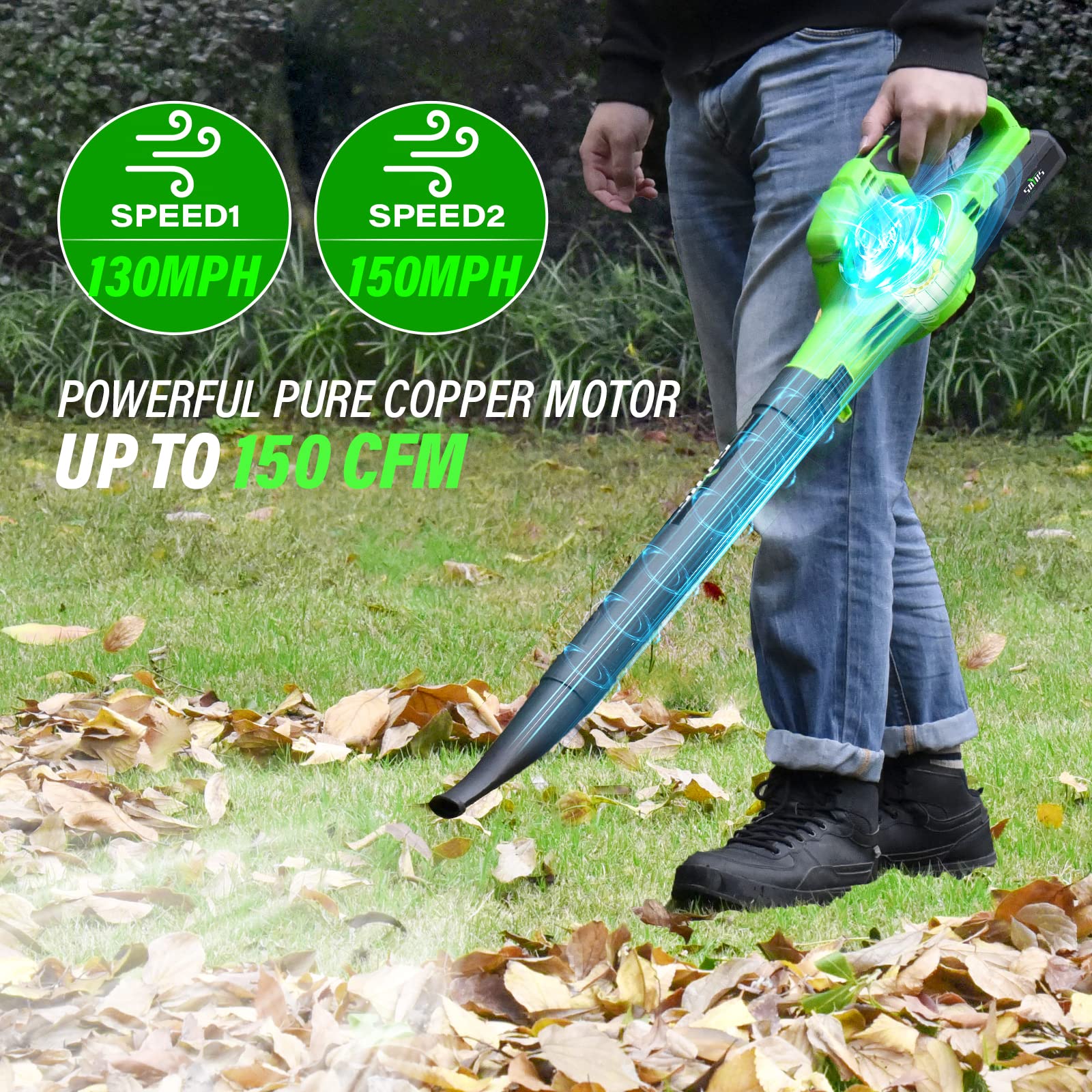 SOYUS 20V Cordless Leaf Blower with 2x2.0Ah Battery and Charger, 150 MPH Electric Leaf Blower, Two-Speed Mode, Green