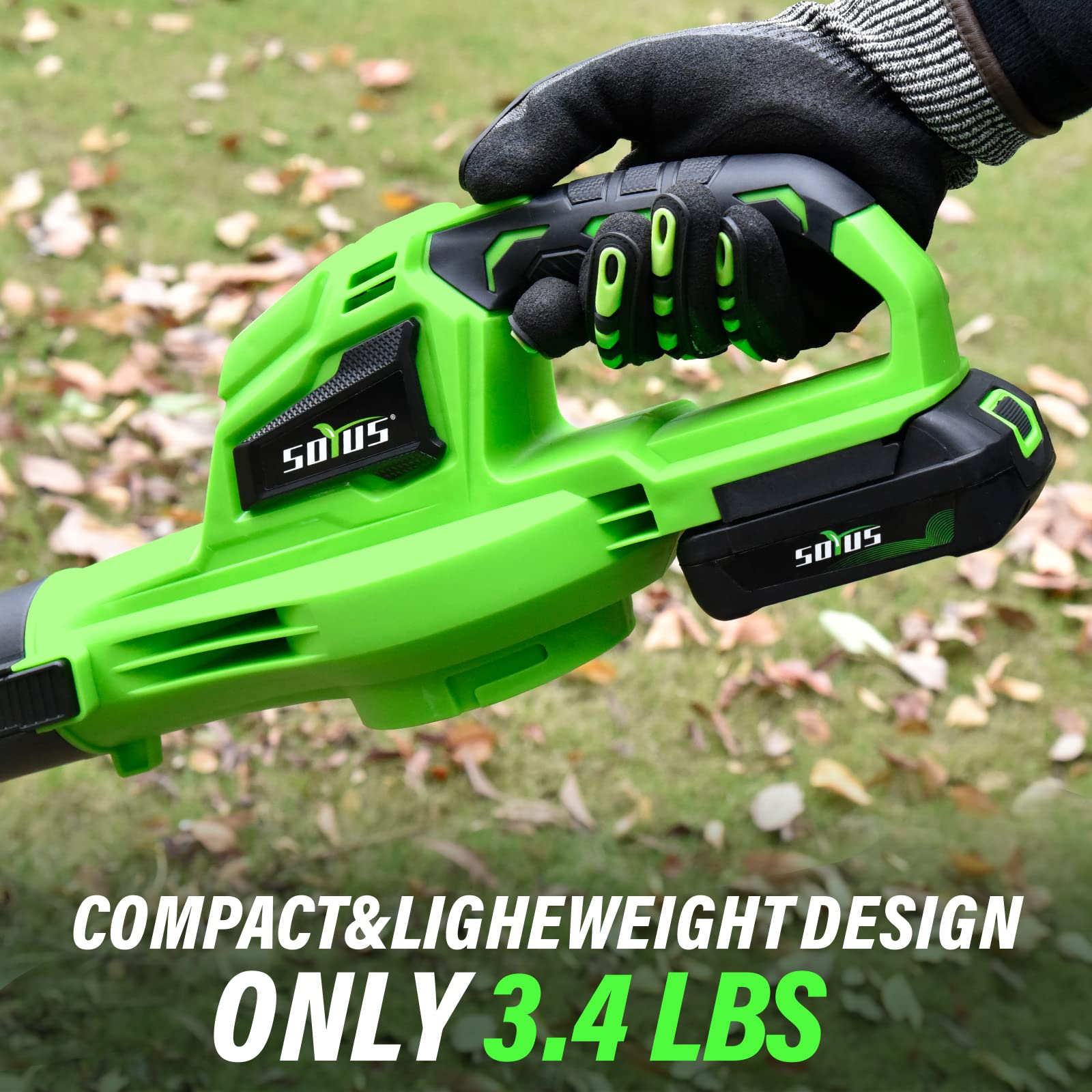 SOYUS 20V Cordless Leaf Blower with 2x2.0Ah Battery and Charger, 150 MPH Electric Leaf Blower, Two-Speed Mode, Green