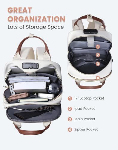 LOVEVOOK Laptop Backpack for Women, Anti-theft Work Travel Business Bag, 17 Inch Large Capacity Computer Backpacks Purse for Men, Casual Nurse Daypack with Lock, Beige-Brown