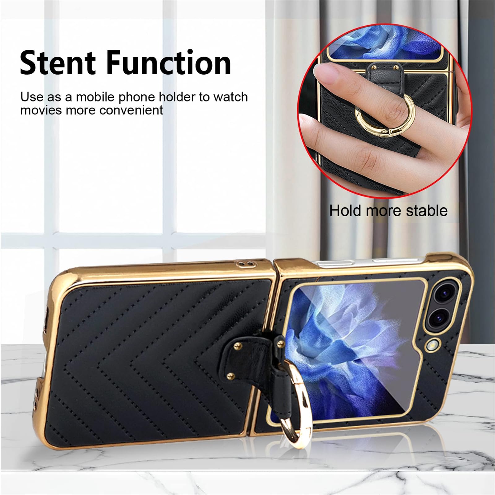 Soyeacrg Case for Samsung Galaxy Z Flip 5, Ultra Thin Luxury Quilted Leather Gold Plated Frame Folding Women Case with Ring Holder Camera Lens Protection Film for Samsung Z Flip 5 2023,Red