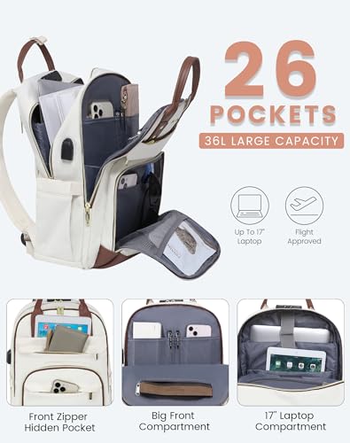 LOVEVOOK Laptop Backpack for Women, Anti-theft Work Travel Business Bag, 17 Inch Large Capacity Computer Backpacks Purse for Men, Casual Nurse Daypack with Lock, Beige-Brown