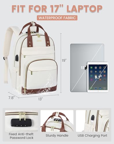 LOVEVOOK Laptop Backpack for Women, Anti-theft Work Travel Business Bag, 17 Inch Large Capacity Computer Backpacks Purse for Men, Casual Nurse Daypack with Lock, Beige-Brown