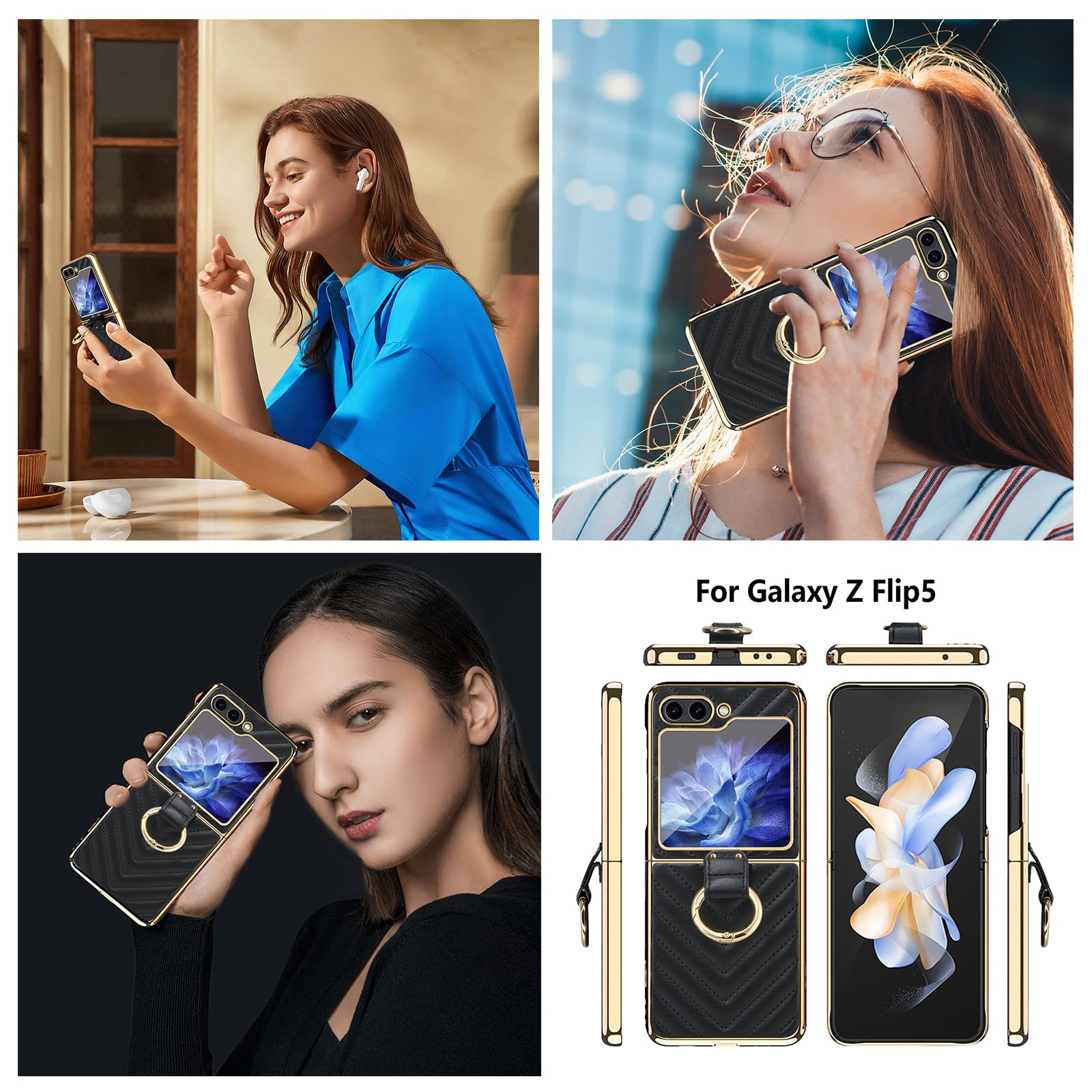 Soyeacrg Case for Samsung Galaxy Z Flip 5, Ultra Thin Luxury Quilted Leather Gold Plated Frame Folding Women Case with Ring Holder Camera Lens Protection Film for Samsung Z Flip 5 2023,Red