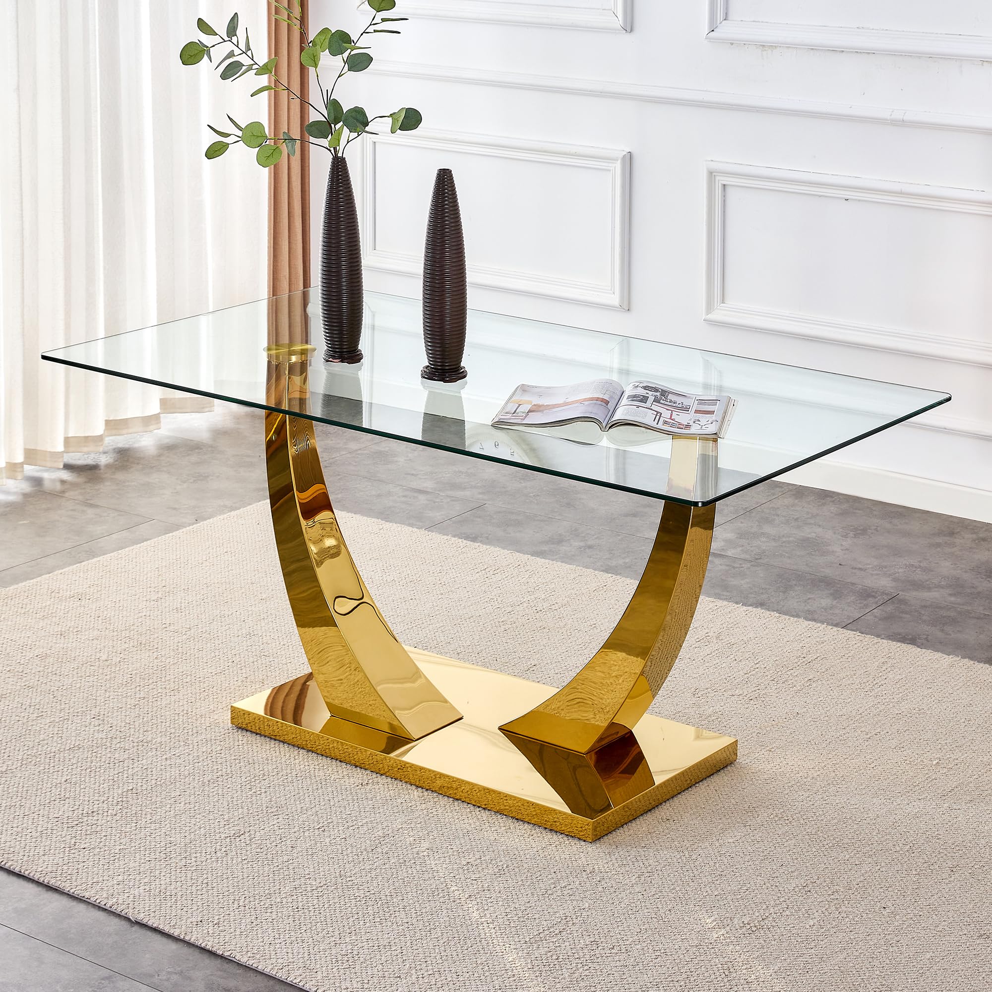 63" Golden Base Glass Dining Table Set for 4, Kitchen Table and Chairs Set with Tempered Glass Table and 4 Pcs PU Faux Leather Chairs, Large Rectangular Dining Room Table Set for Kitchen Dining Room