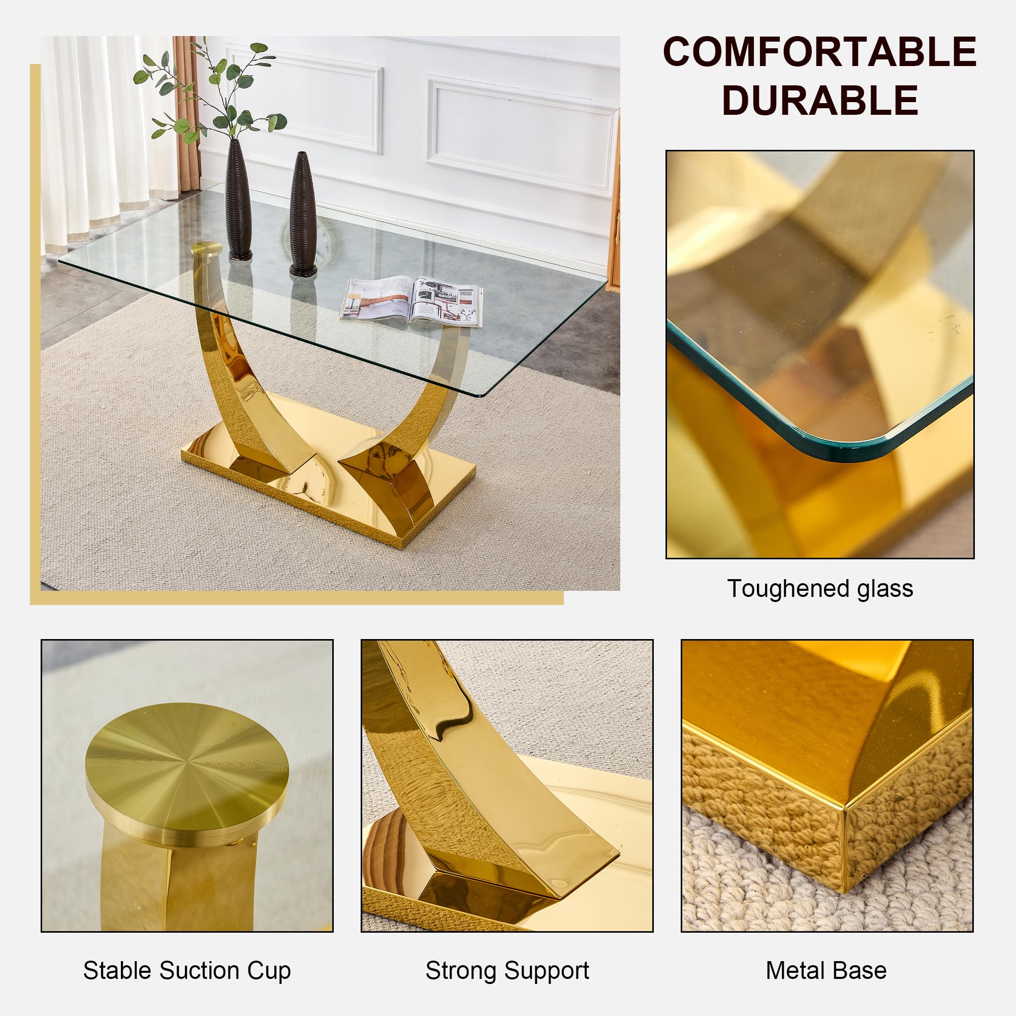 63" Golden Base Glass Dining Table Set for 4, Kitchen Table and Chairs Set with Tempered Glass Table and 4 Pcs PU Faux Leather Chairs, Large Rectangular Dining Room Table Set for Kitchen Dining Room